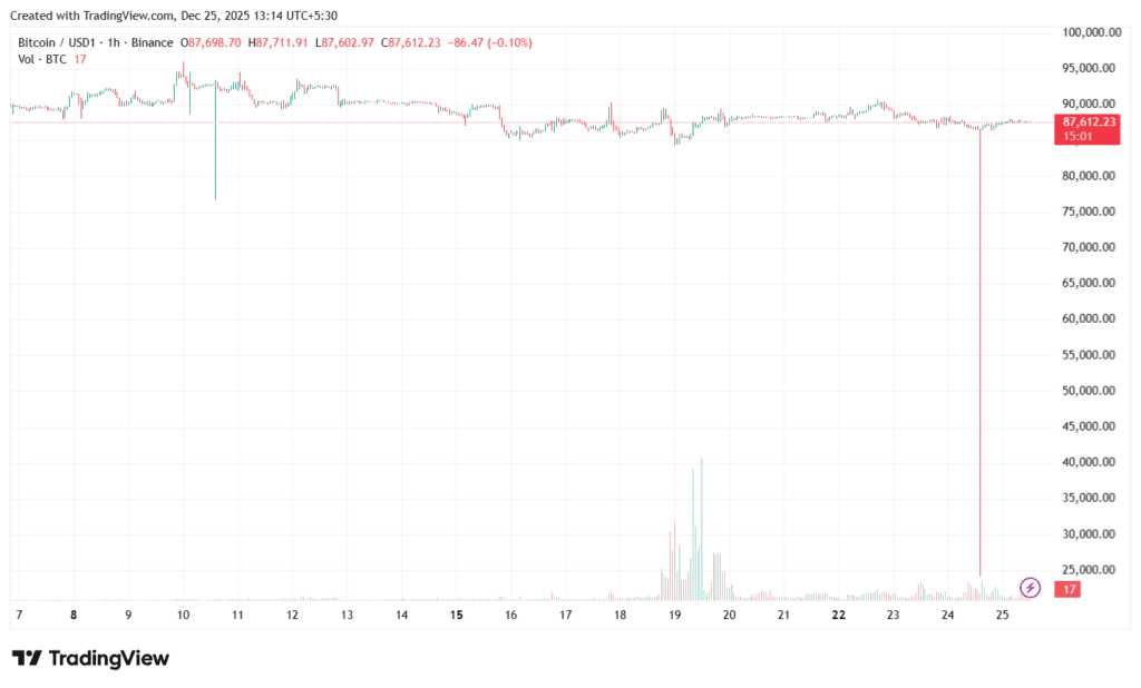 Bitcoin Momentarily Dropped to $24,000 Against USD₁ on Binance